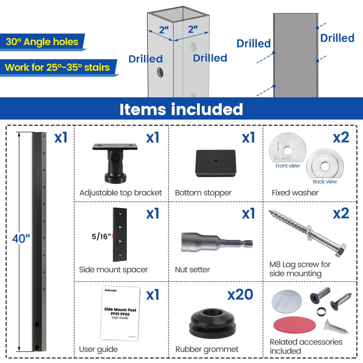 36" Black Stainless Steel Side-Mounted Post Angled Drilled PF01 – Muzata