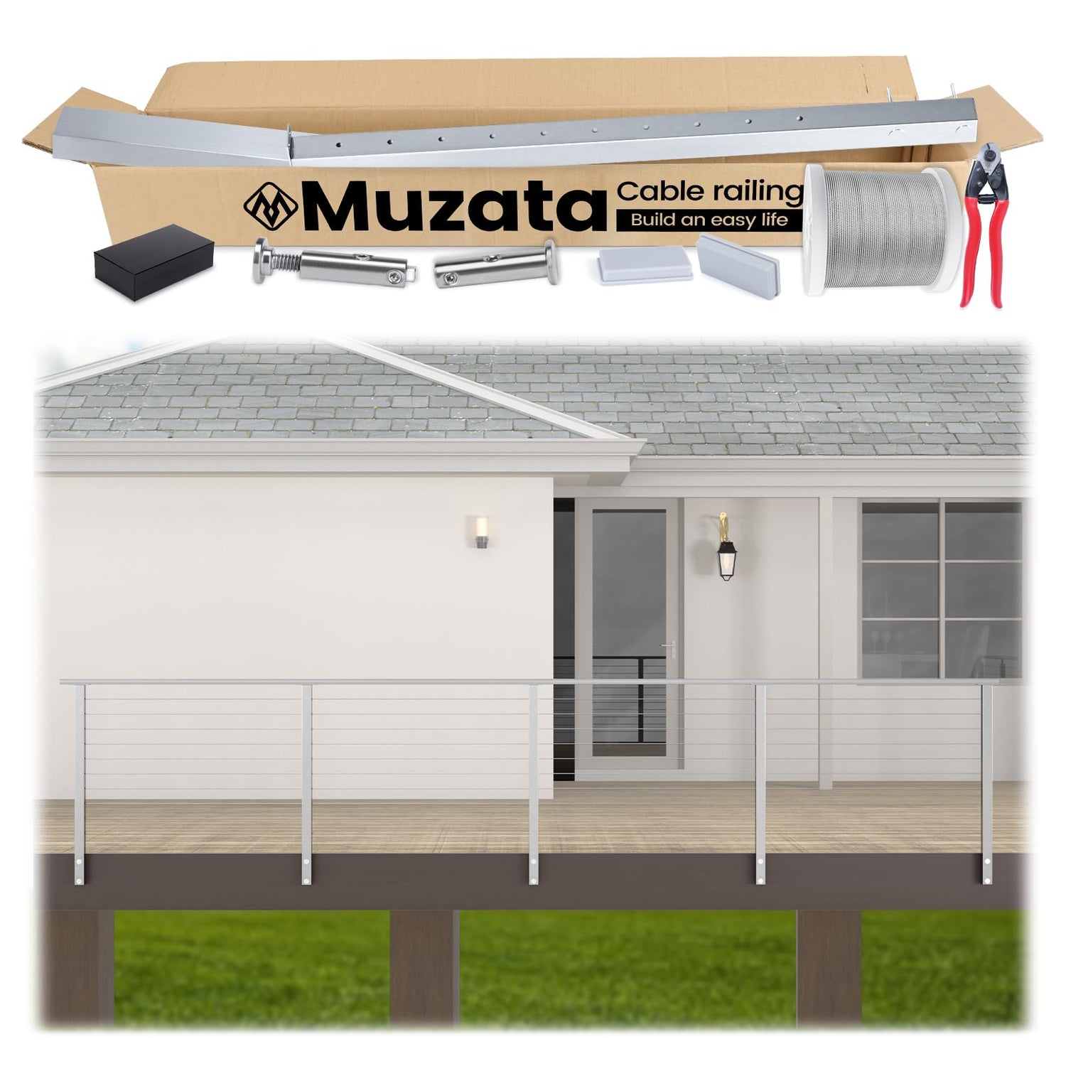 Muzata 36" 6.5ft，13ft，20ft Complete Set Cable Railing System, One Stop
