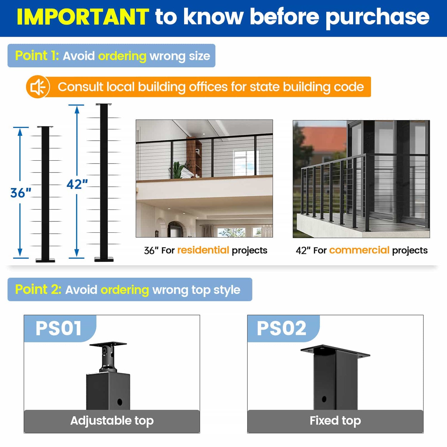 36" Black Stainless Steel Top Mount Post, Level Drilled PS02 BH4S - Muzata