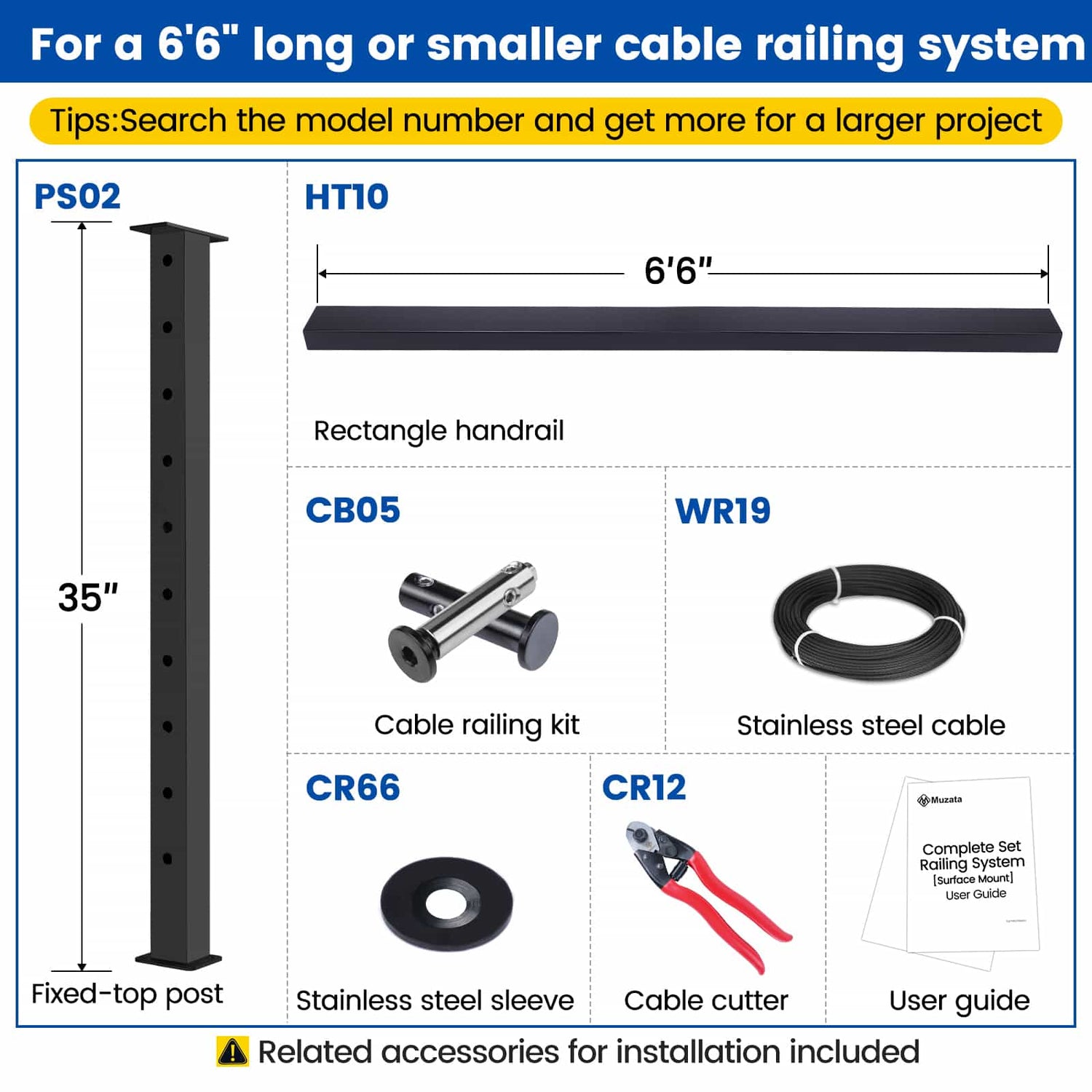 Muzata 36" 6.5ft，13ft，20ft Complete Set Cable Railing System, One Stop