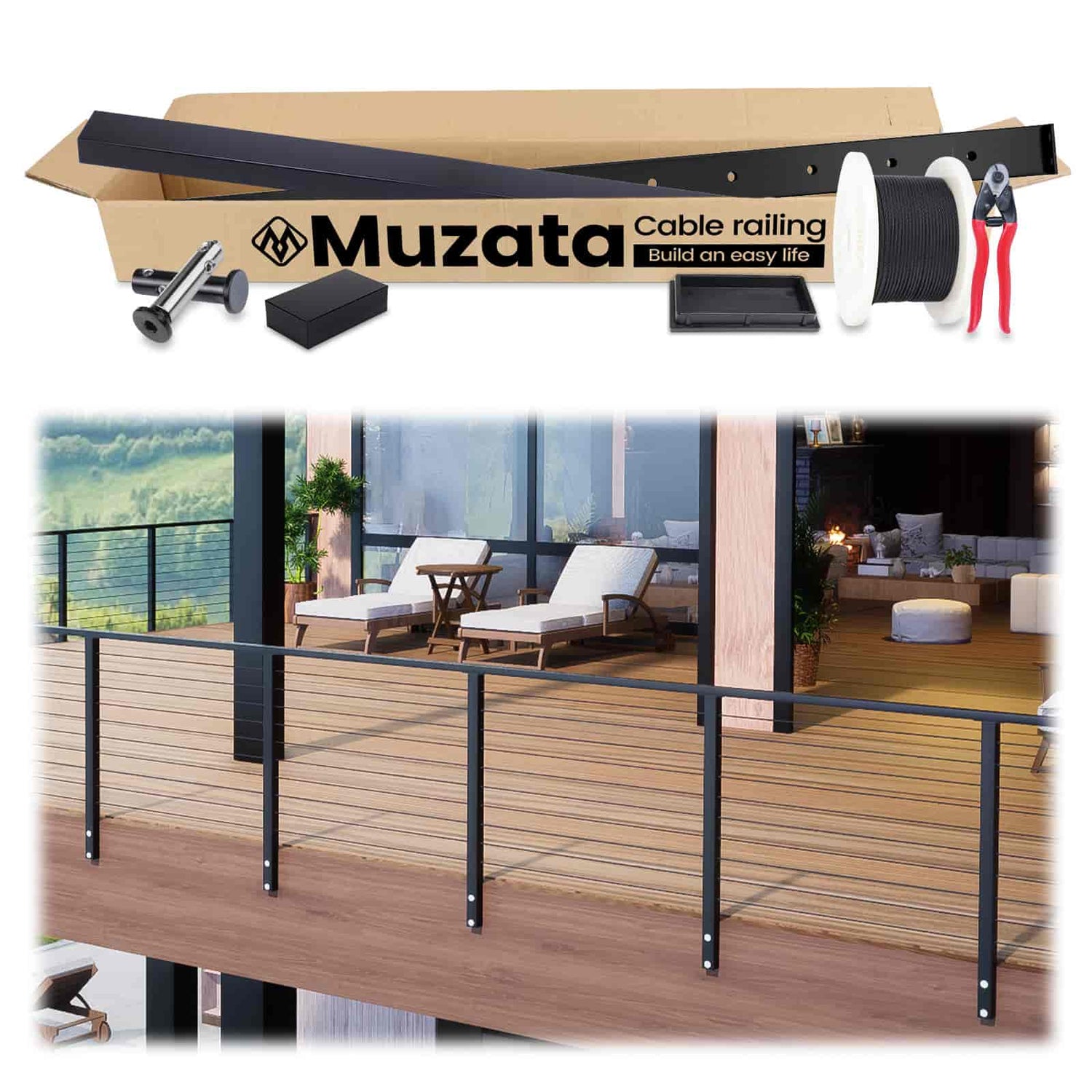Muzata 36" 6.5ft Black Side Mount All-in-One Cable Railing System