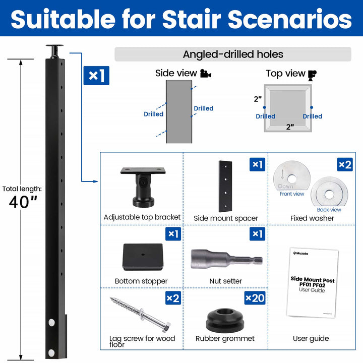 36" Black Stainless Steel Side-Mounted Post Angled Drilled PF01 – Muzata