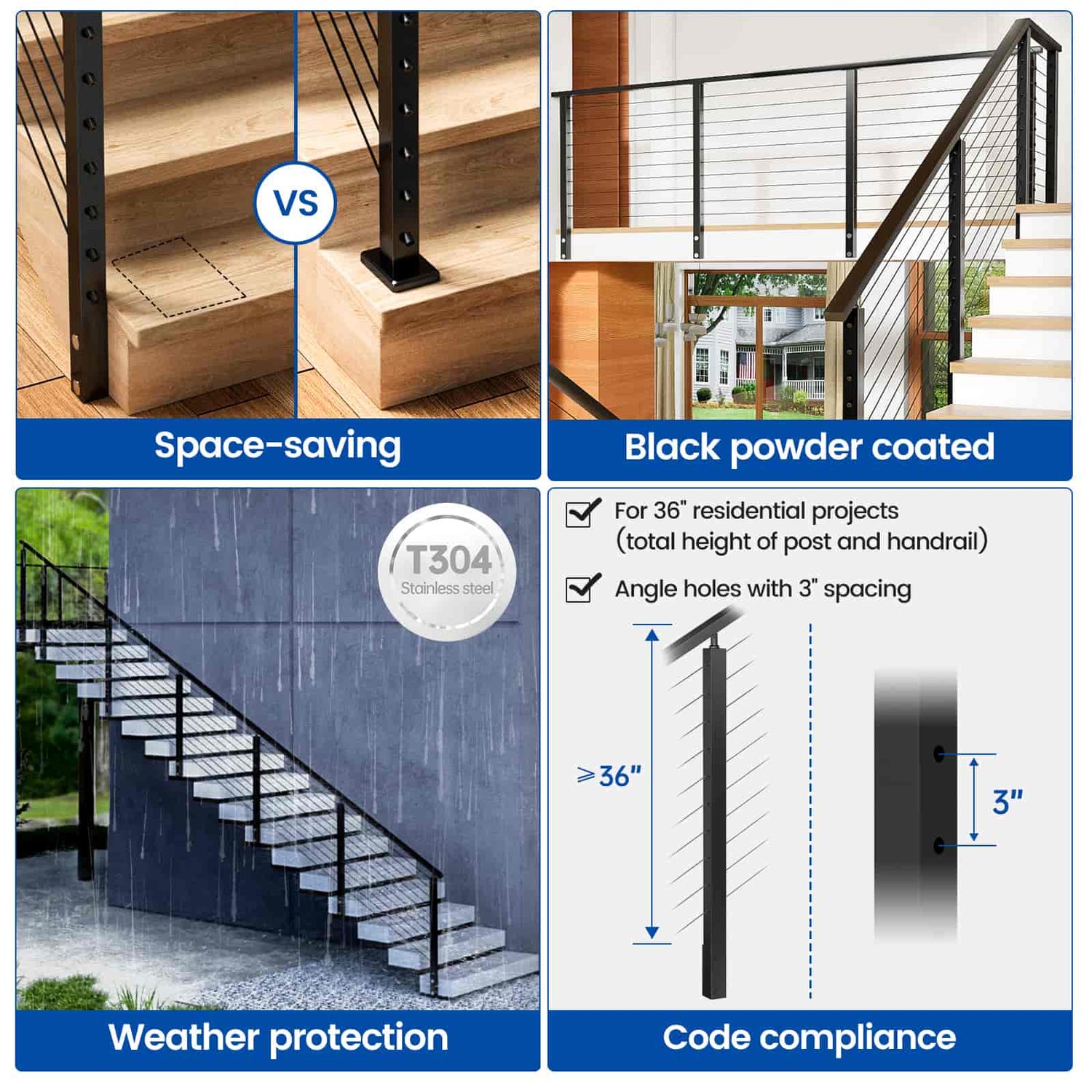 36" Black Stainless Steel Side-Mounted Post Angled Drilled PF01 – Muzata