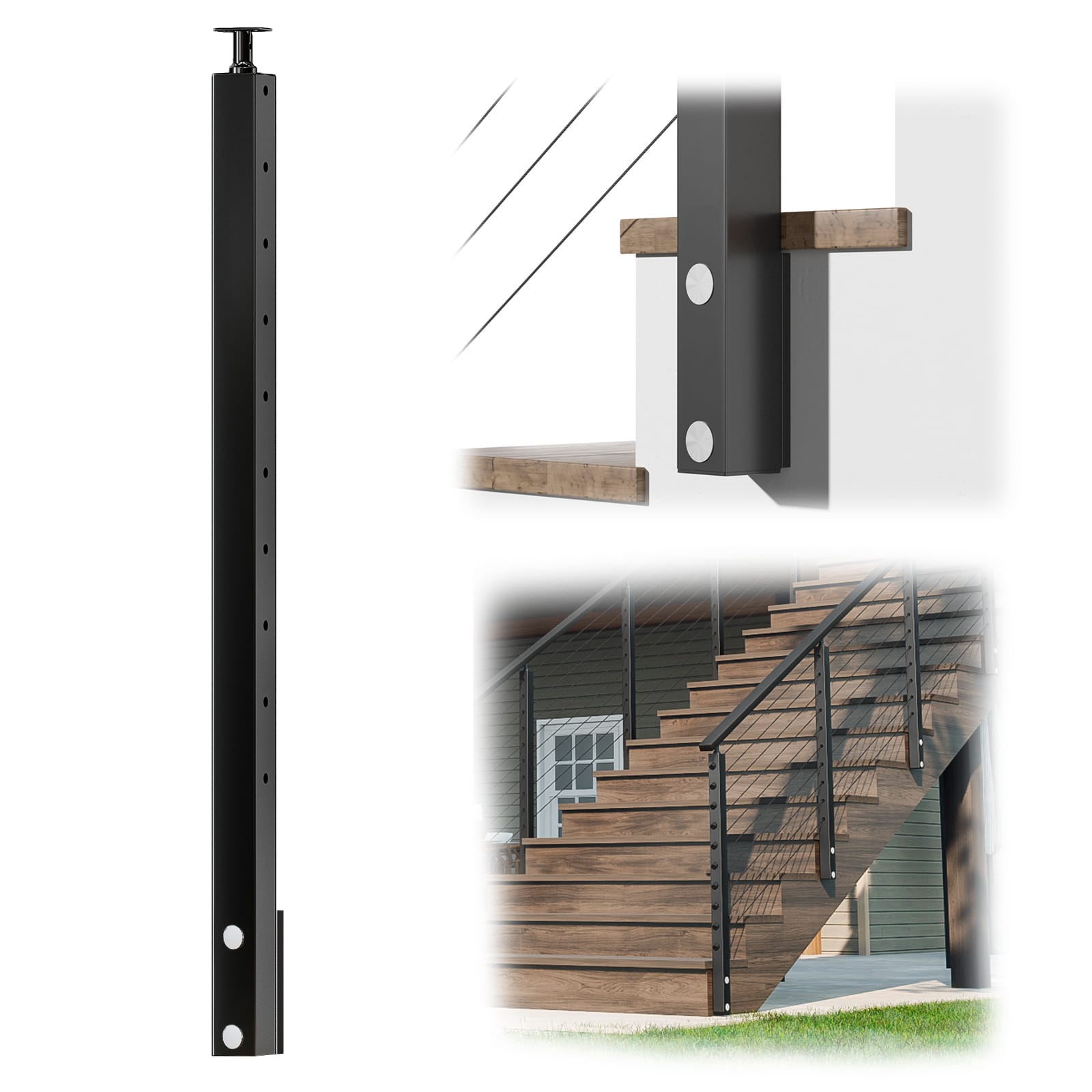 Muzata 36" Black Stainless Steel Side Mount Post, Angled Drilled PF01