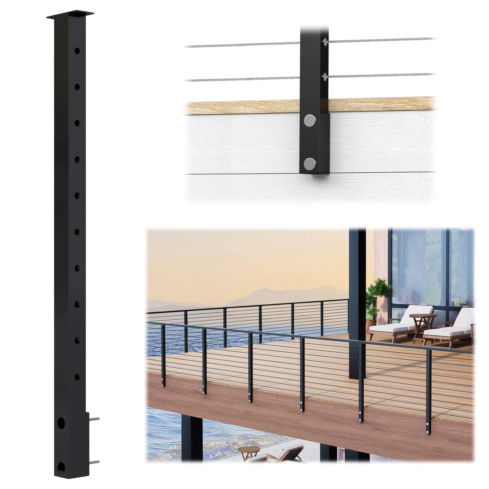 Muzata 36" Black Aluminum Side Mount Post for Cable Railing