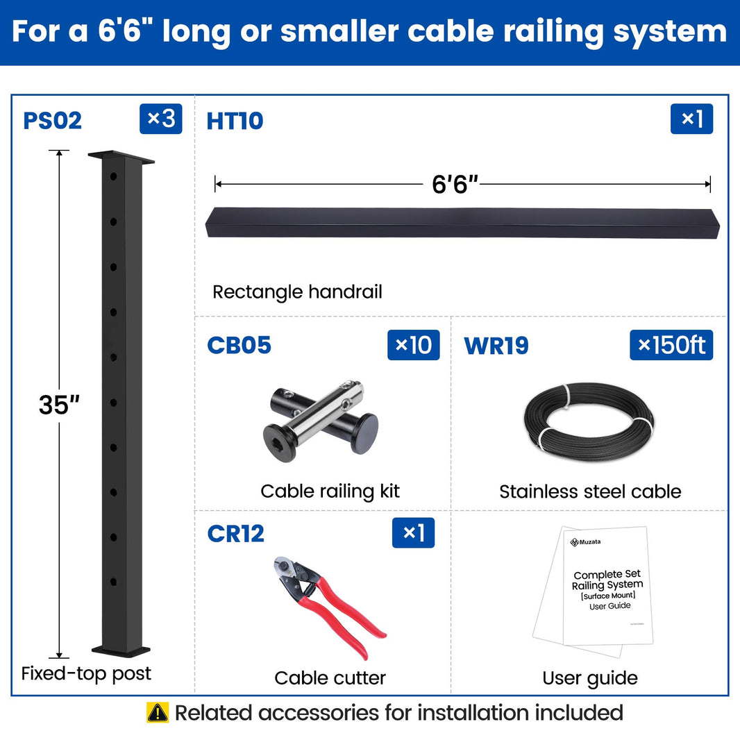 Muzata 36" 6.5ft Black Surface Mount All-in-One Cable Railing System