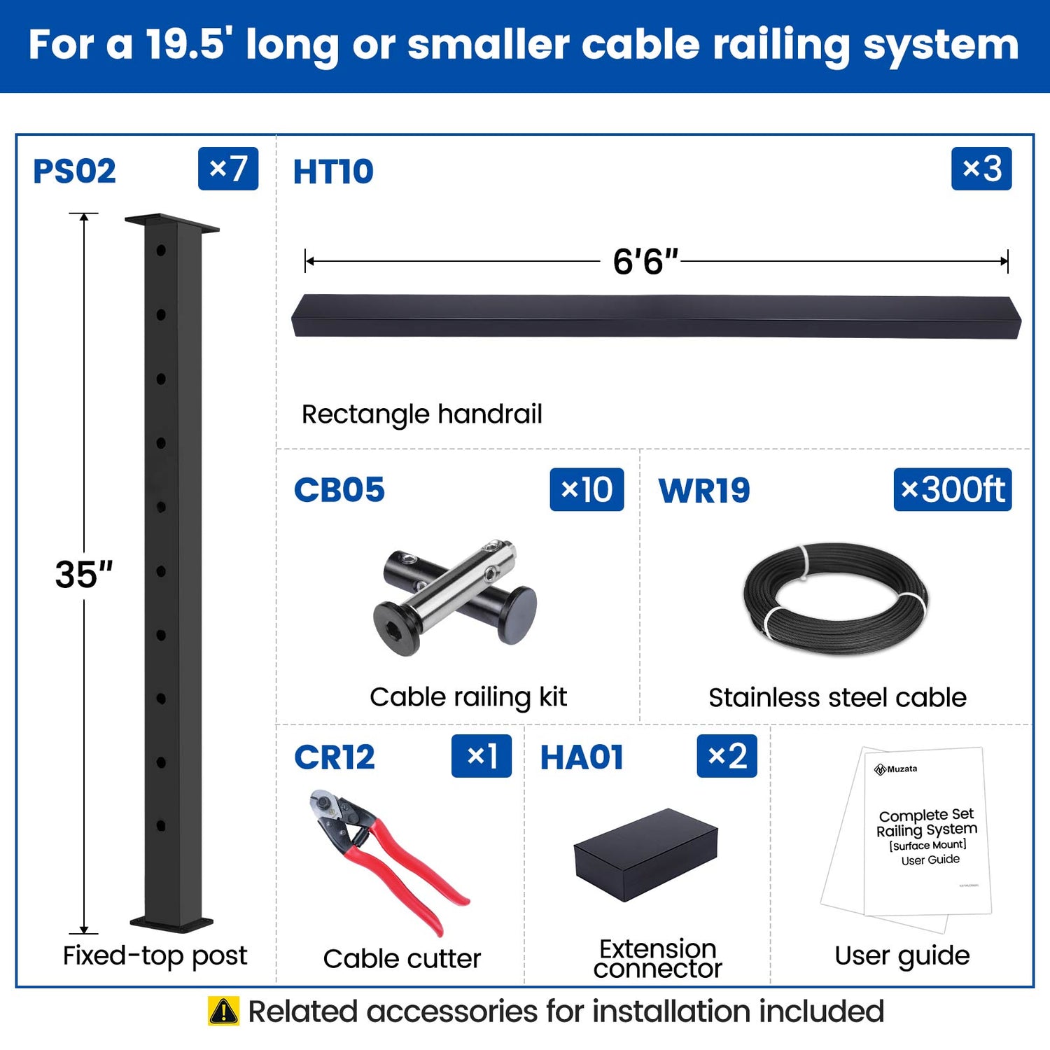 Muzata 36" 6.5ft Black Surface Mount All-in-One Cable Railing System