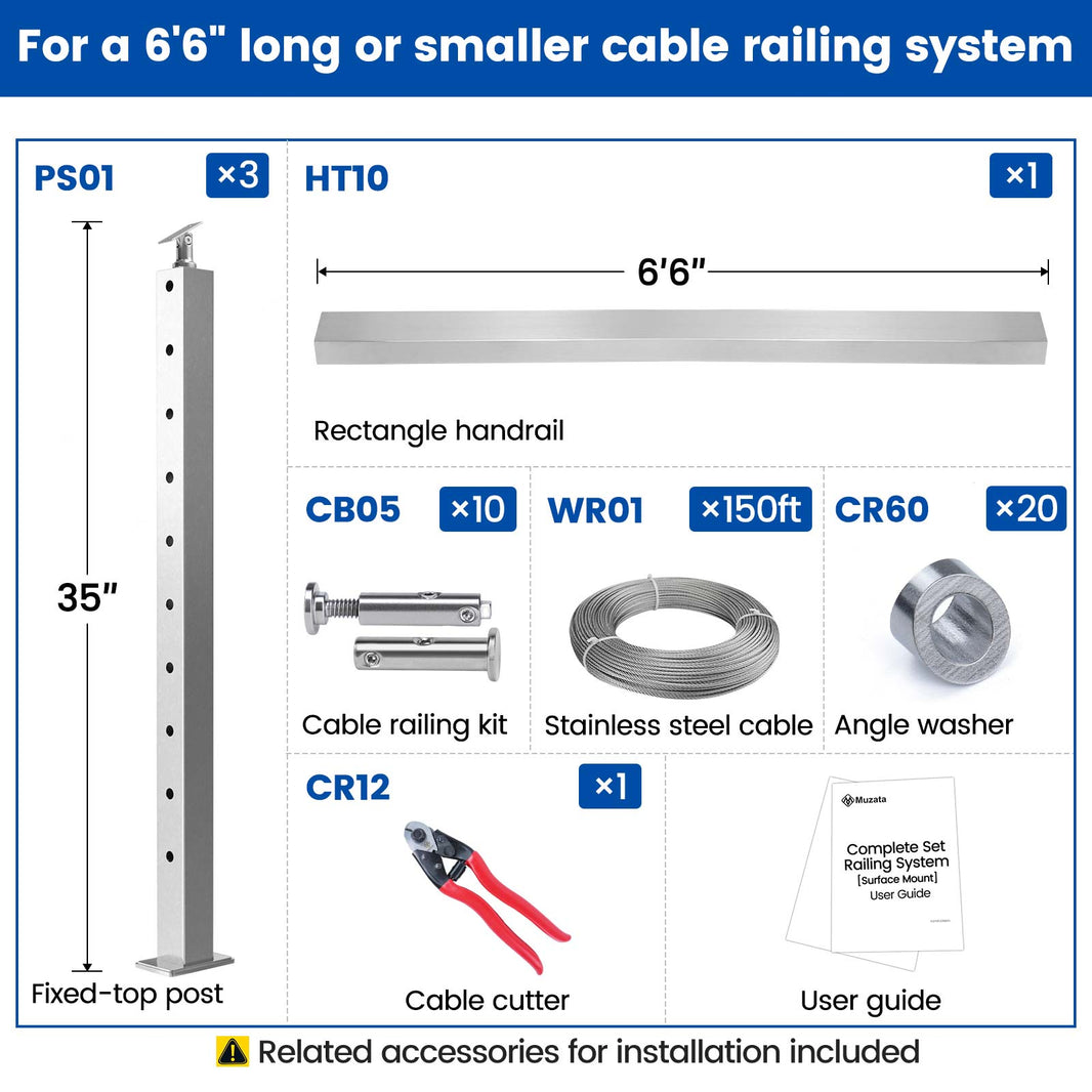 Muzata 36 Brushed Surface Stair Cable Railing System - All-in-One DIY Kit