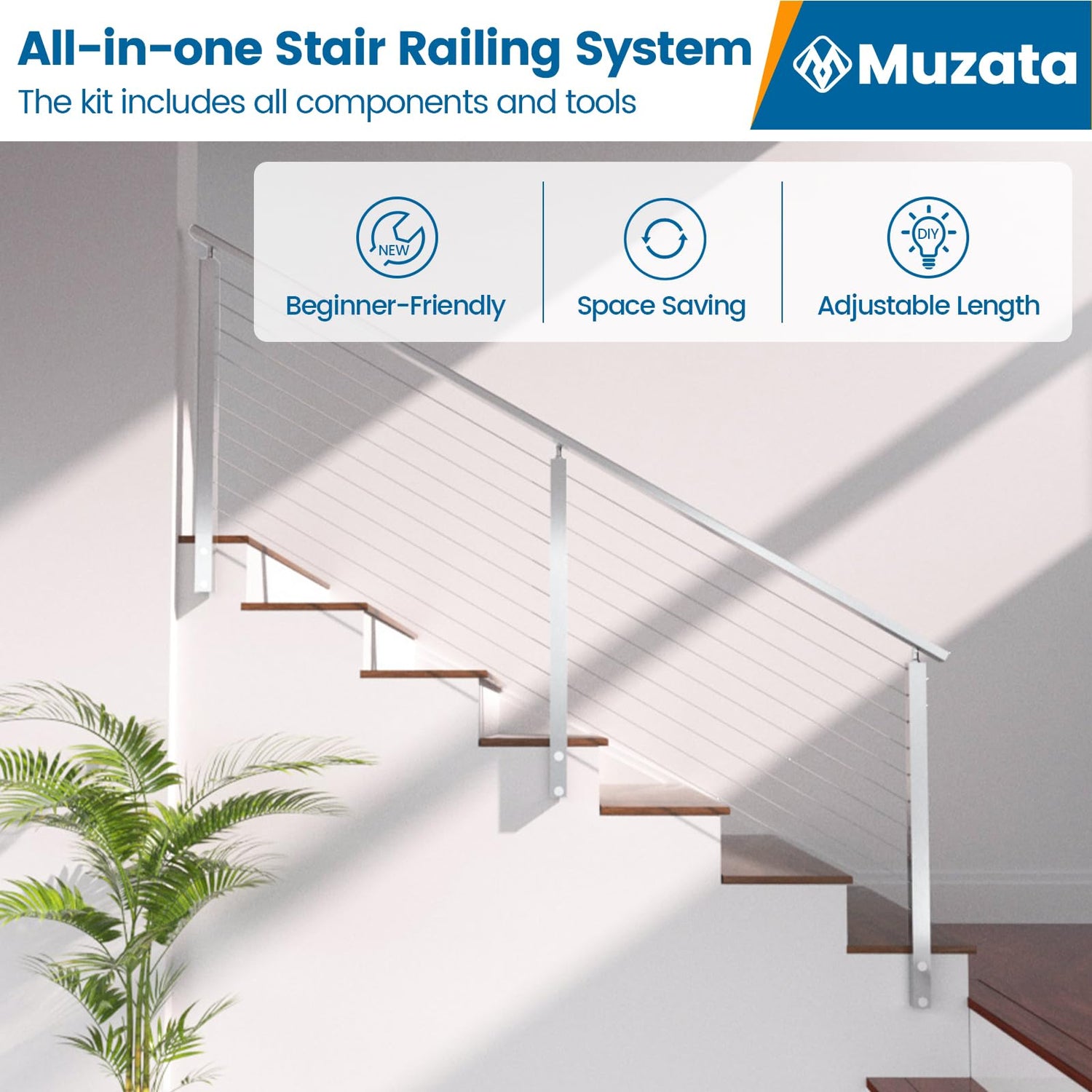 Muzata 36" 6.5ft Stair Cable Railing System Complete Set, One Stop Ser