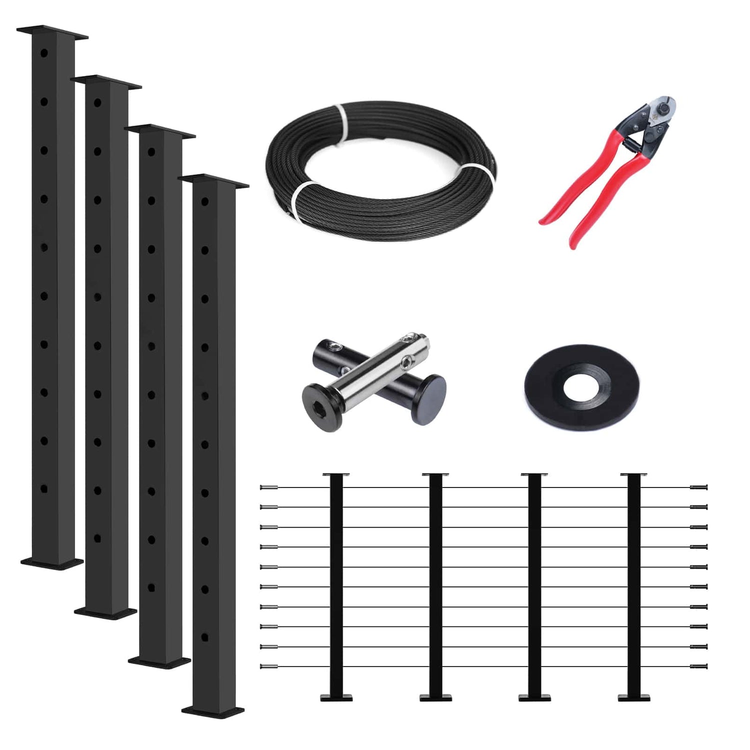 Muzata 36" Black Surface Mount Cable Railing System (No Handrail)