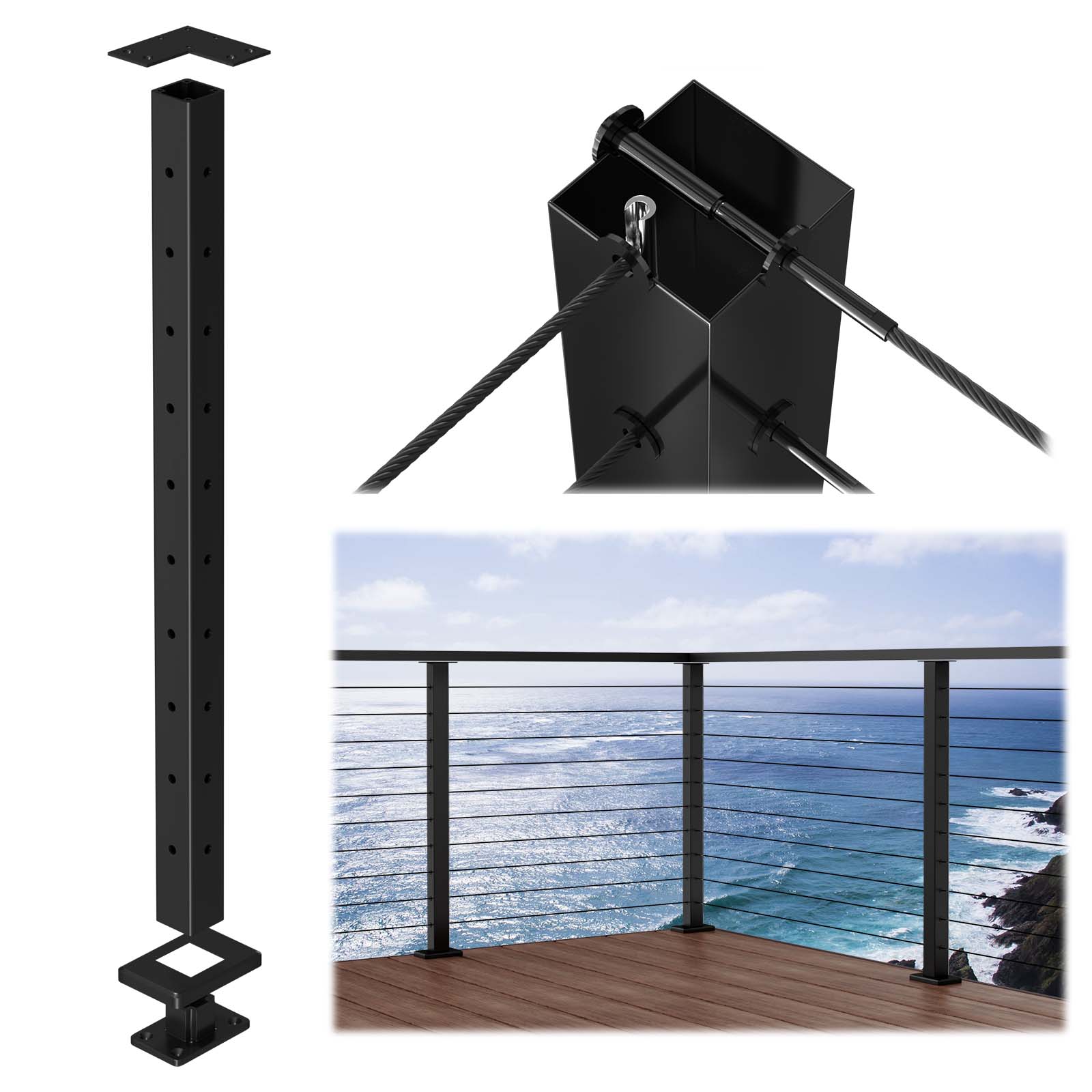 Black Aluminum Surface Mount Corner Post by Muzata - 36 T-Drilled Solution