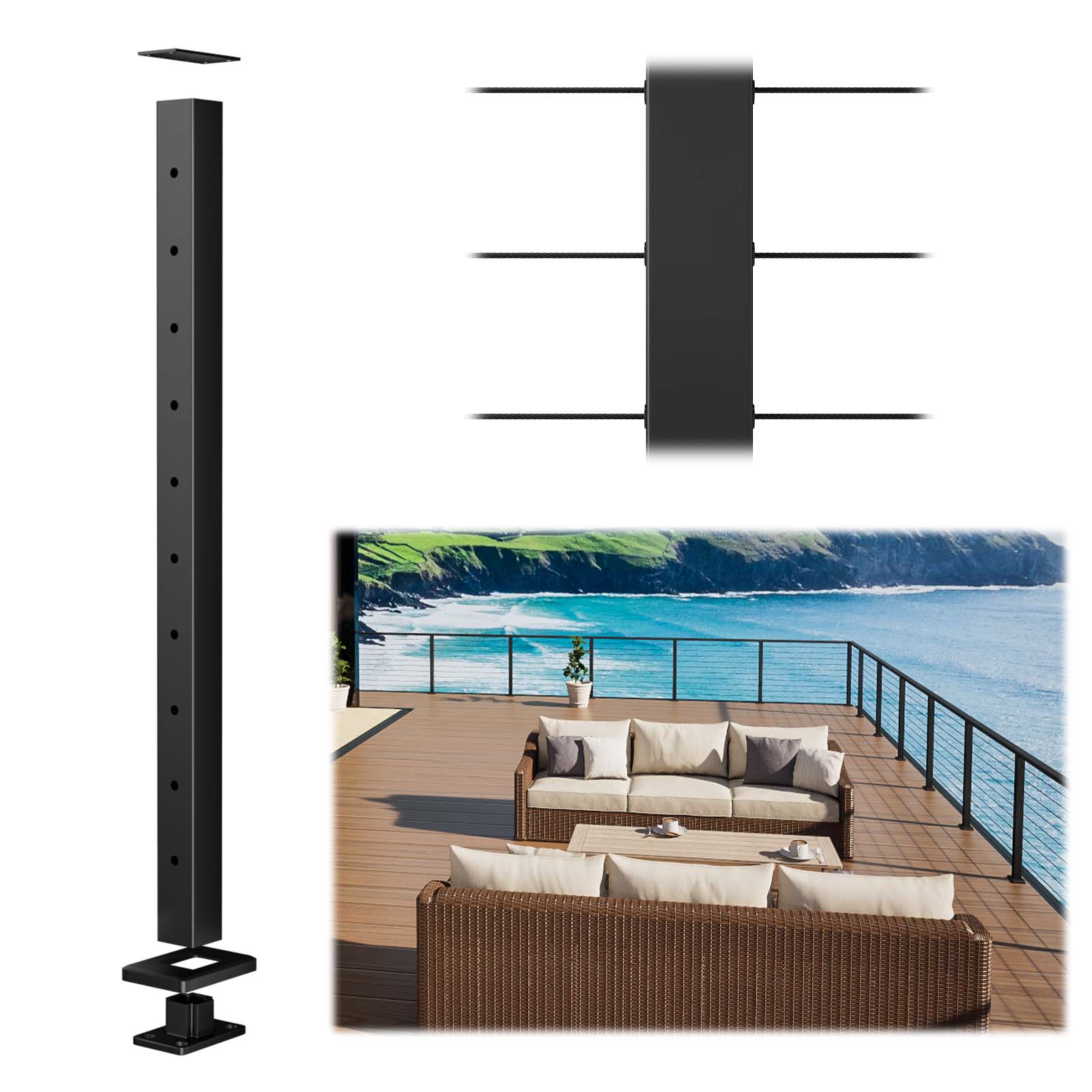 Muzata 36" Black Aluminum Surface Mount Post for Level Cable Railing