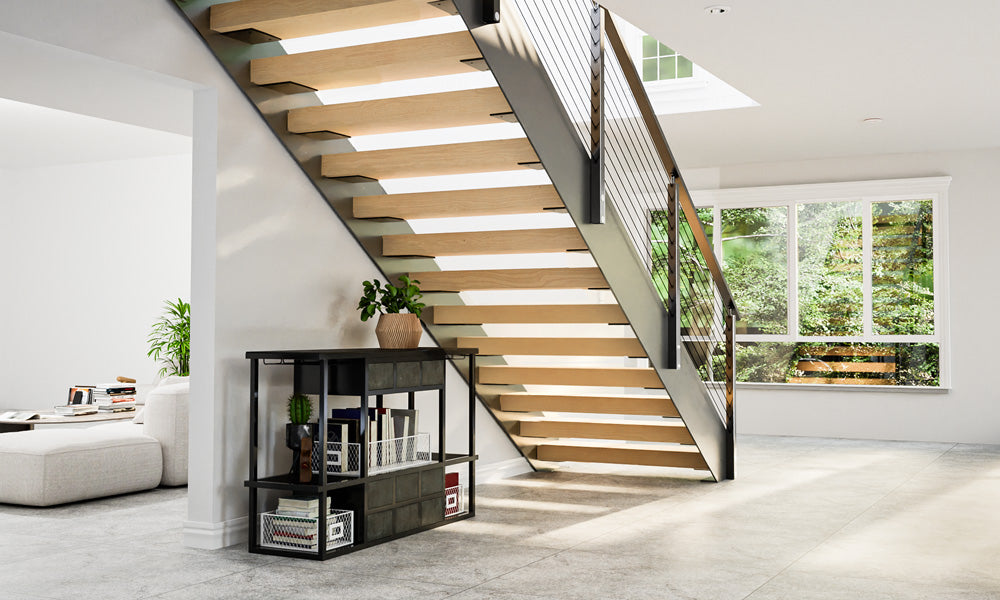 Custom Dual Stringer Floating Stairs with Cable Railing | Muzata